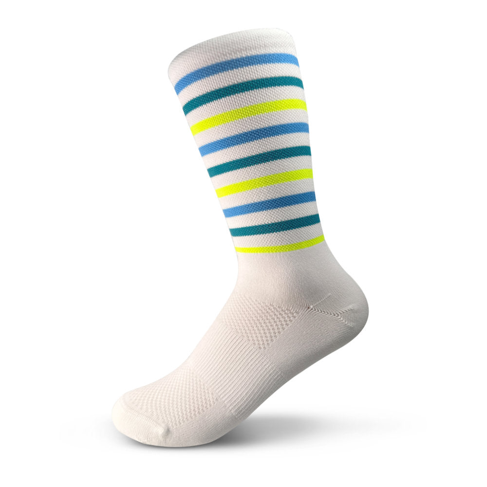 Lightweight Cycling Socks - White Blue Turquoise Neon Yellow Stripes ...
