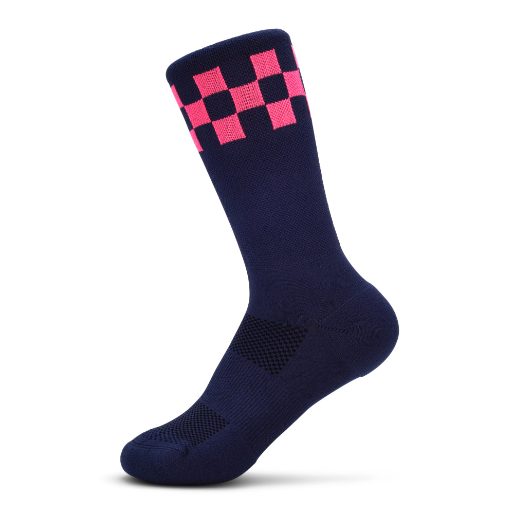 Checkered Cycling Socks - Navy Blue and Neon Pink - Stoke Signal ...